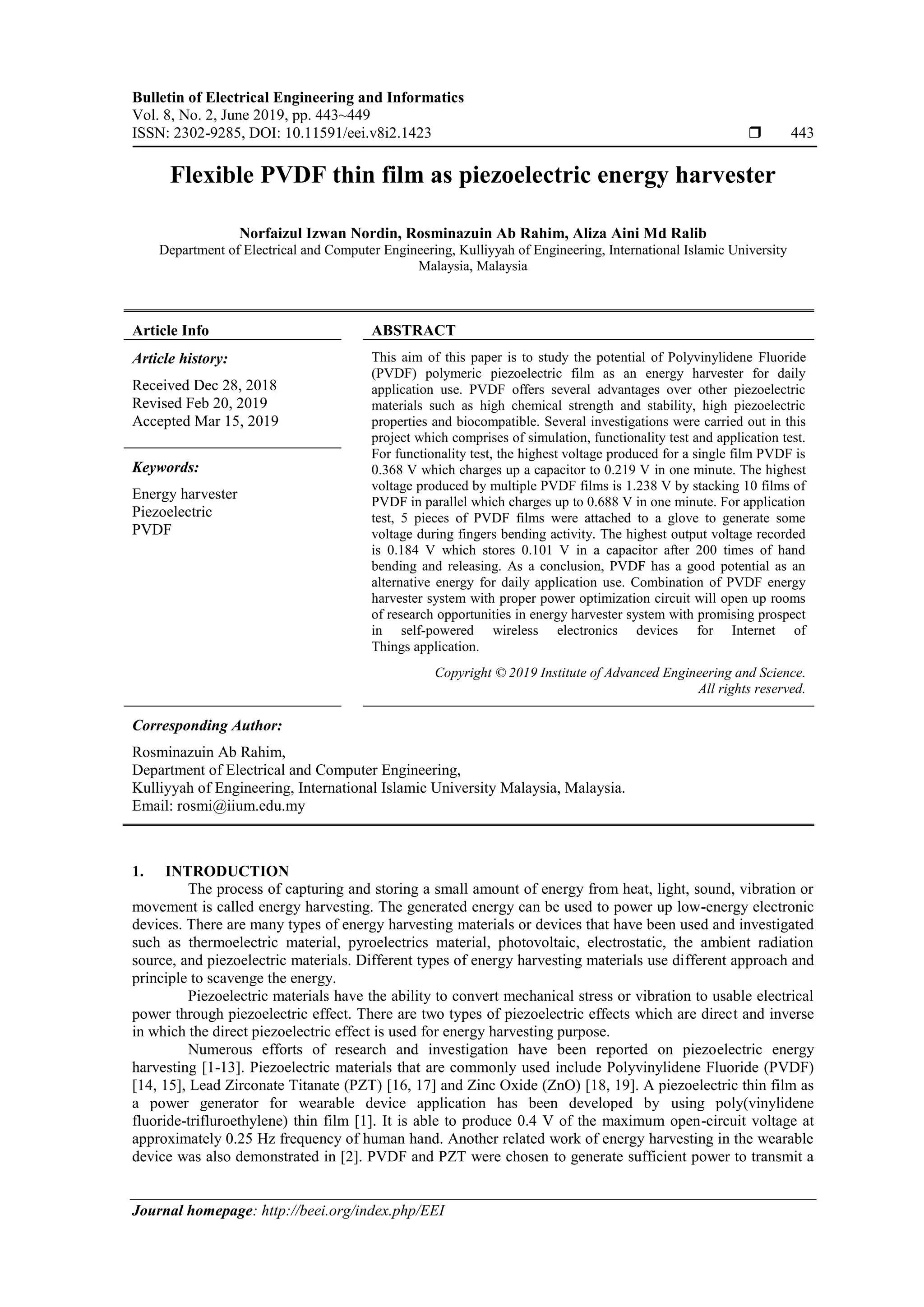 Flexible PVDF thin film as piezoelectric energy harvester | PDF