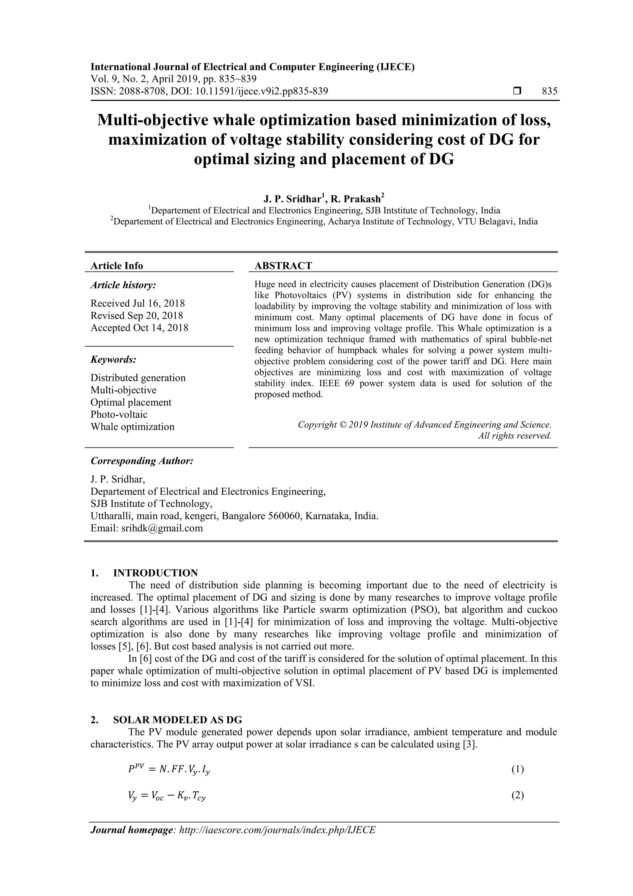 Multi Objective Whale Optimization Based Minimization Of Loss