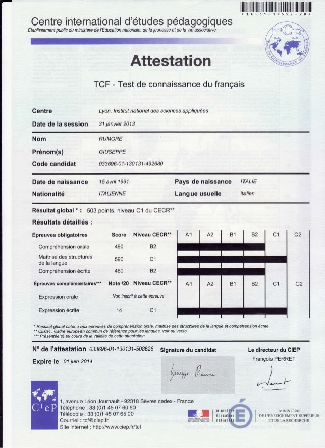 TCF French test result