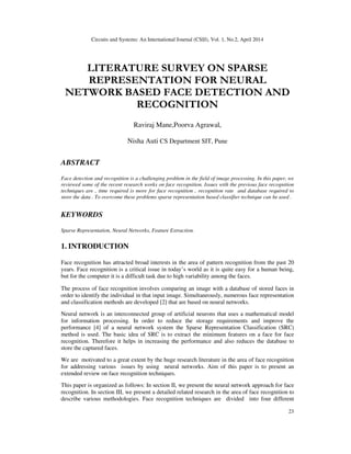 LITERATURE SURVEY ON SPARSE REPRESENTATION FOR NEURAL NETWORK BASED FACE DETECTION AND ...