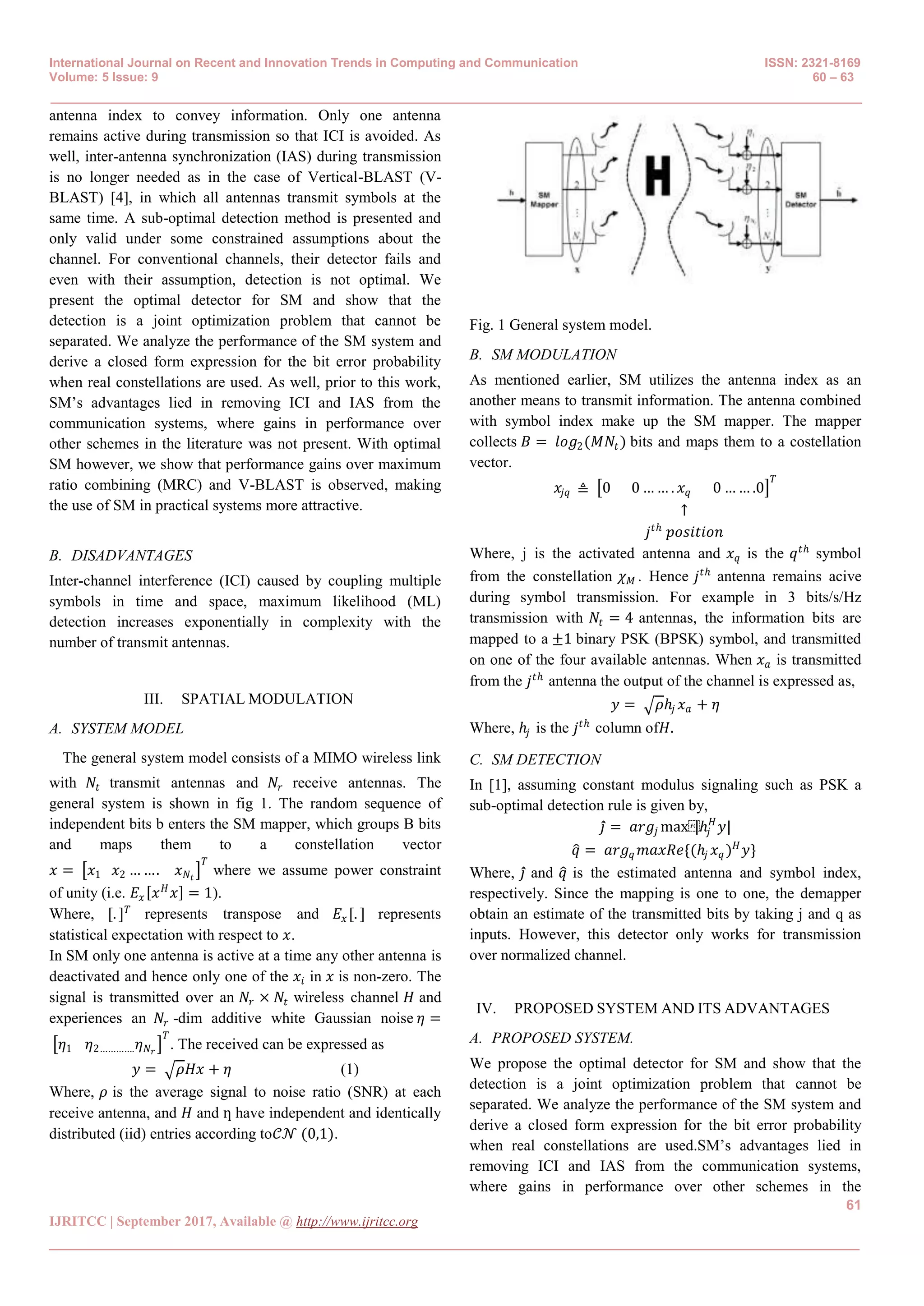 Performance Analysis And Optimal Detection Of Spatial Modulation Pdf