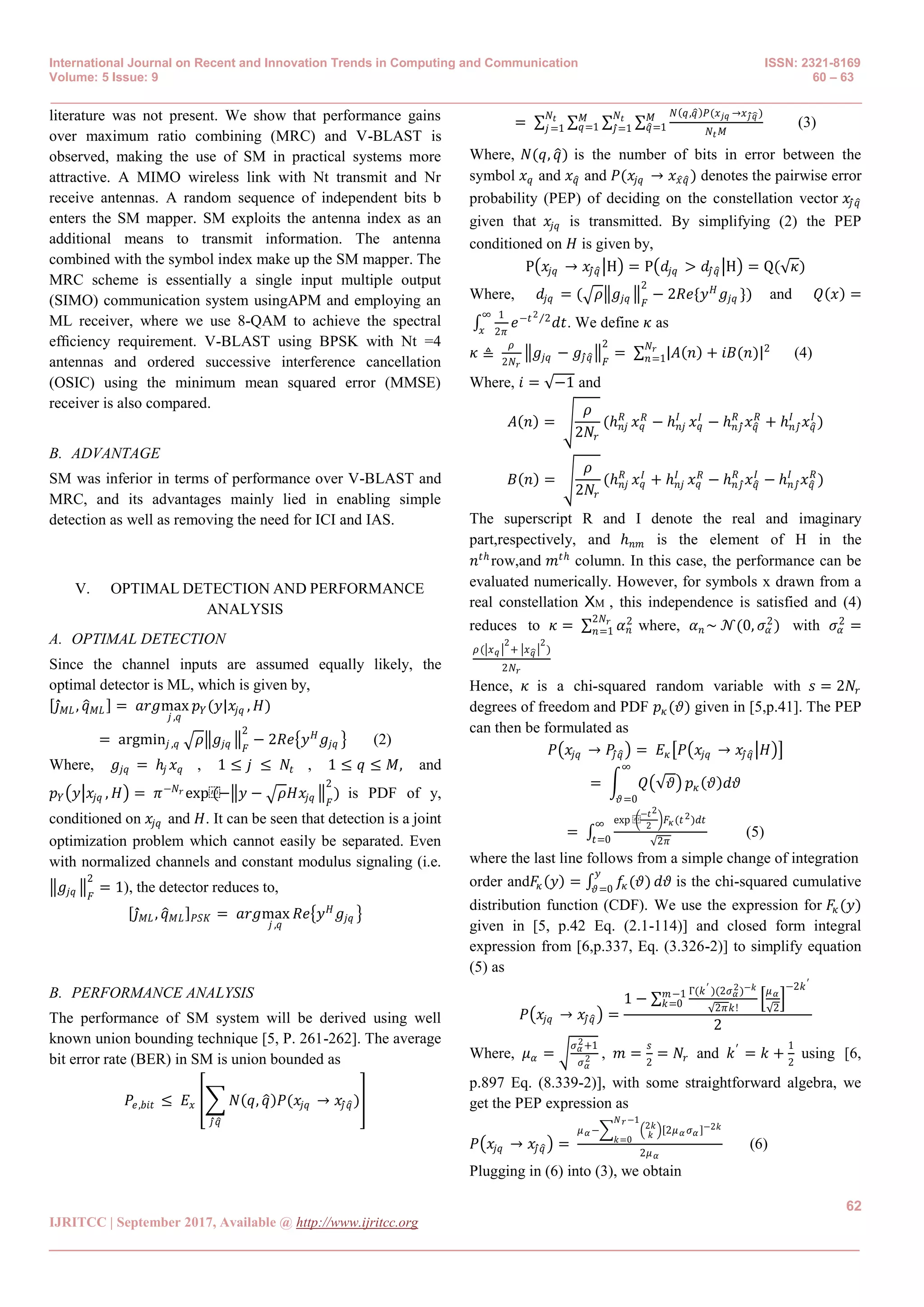 Performance Analysis And Optimal Detection Of Spatial Modulation Pdf
