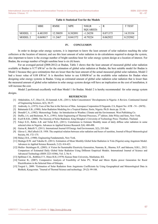 Estimation of Global Solar Radiation in Ibadan, Nigeria using Angstrom - Prescott and Glover ...