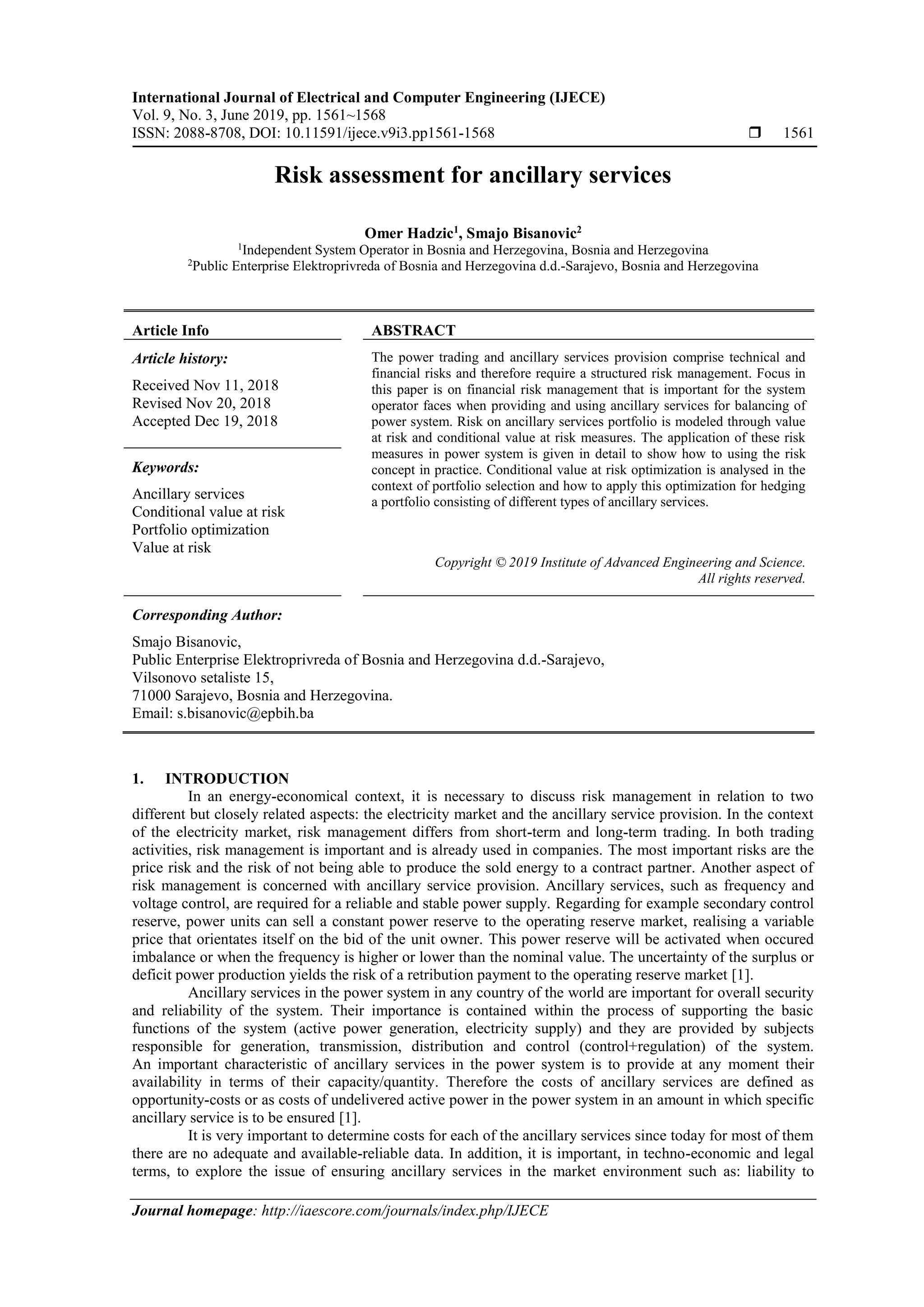 Risk assessment for ancillary services | PDF
