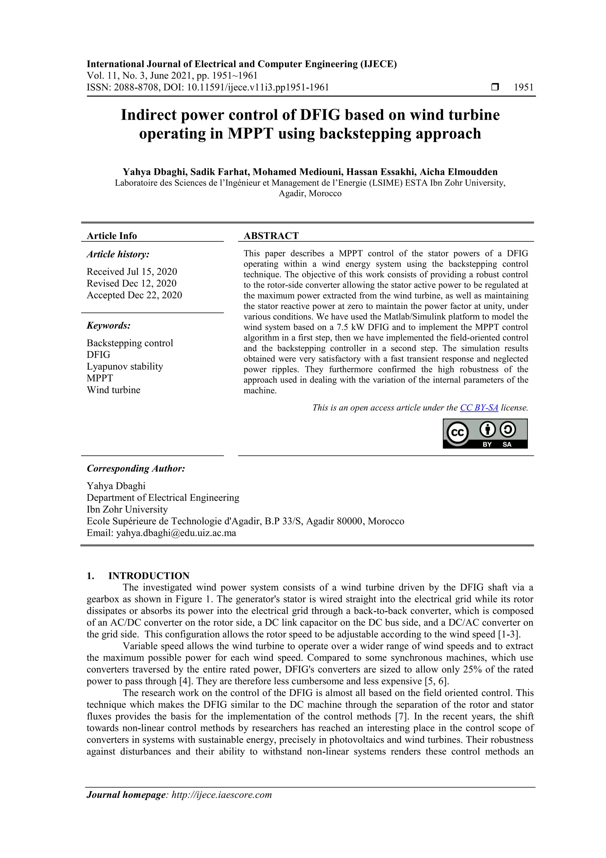 Indirect Power Control Of Dfig Based On Wind Turbine Operating In Mppt
