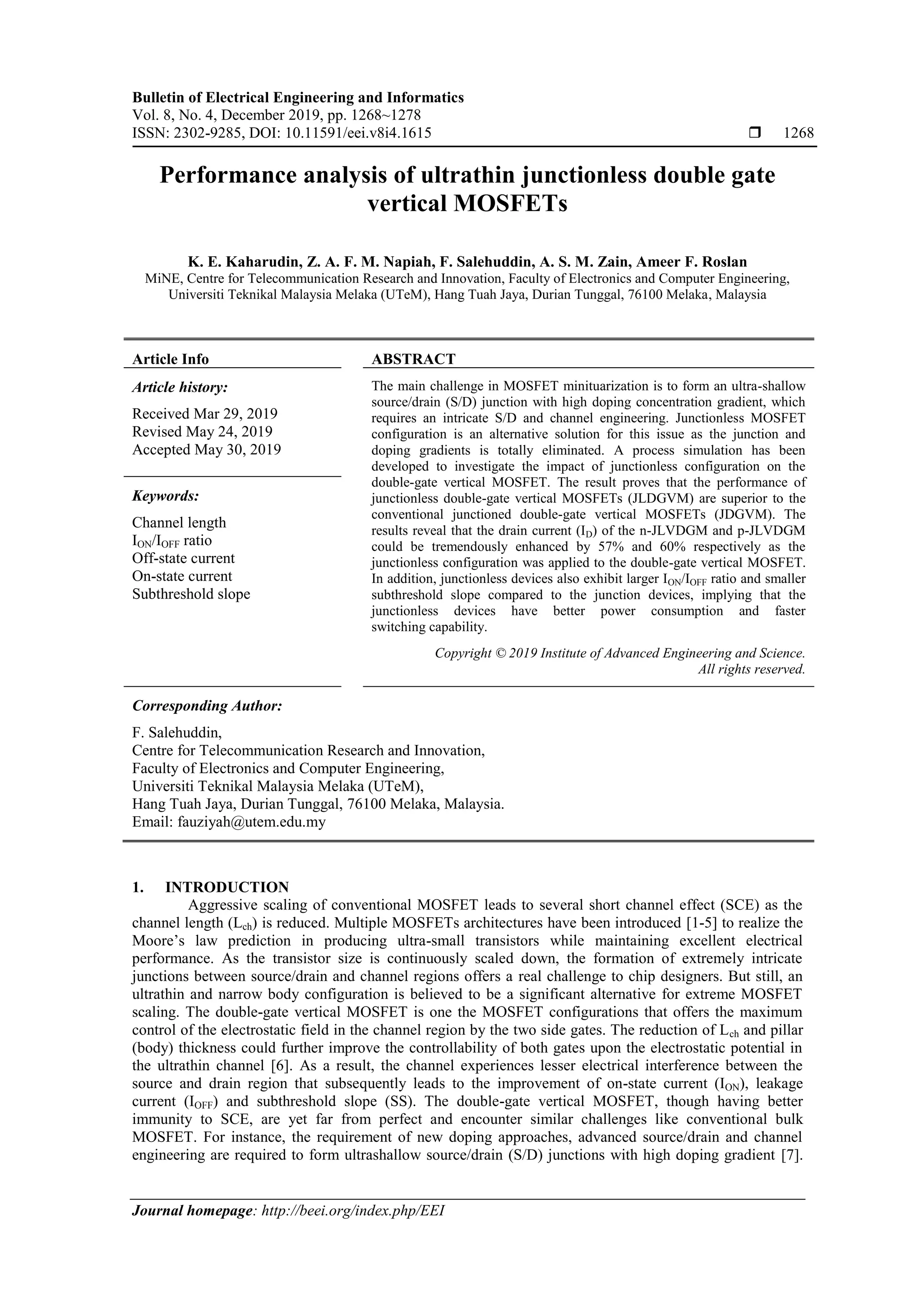 Performance analysis of ultrathin junctionless double gate vertical MOSFETs | PDF