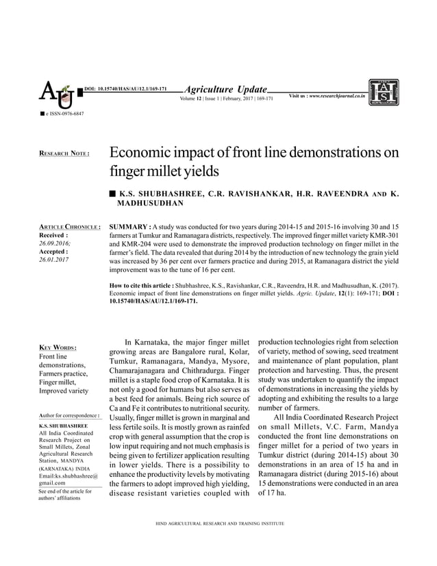 Economic impact of front line demonstrations on finger millet yields | PDF