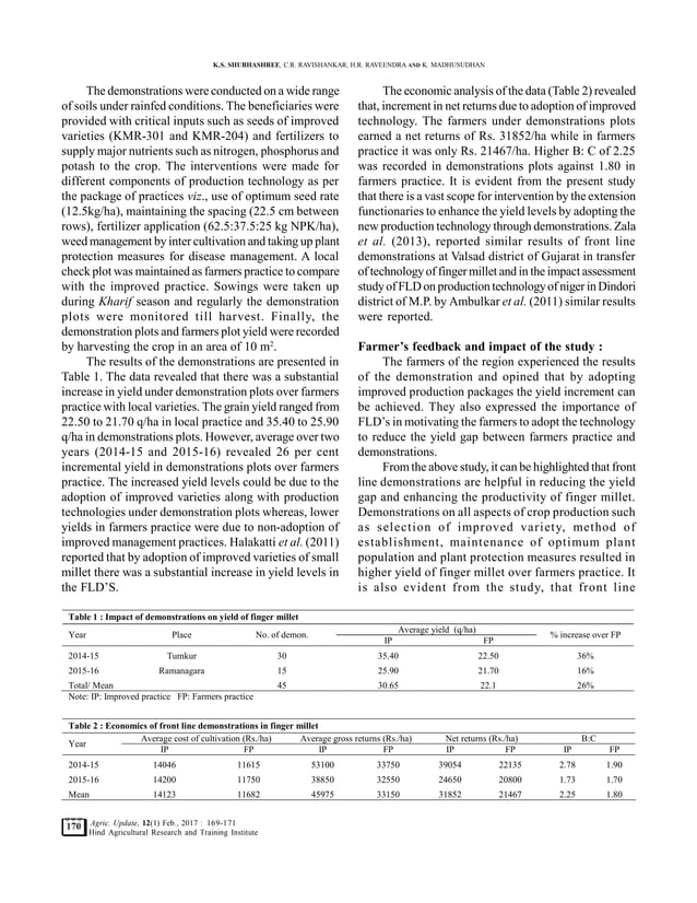 Economic impact of front line demonstrations on finger millet yields | PDF