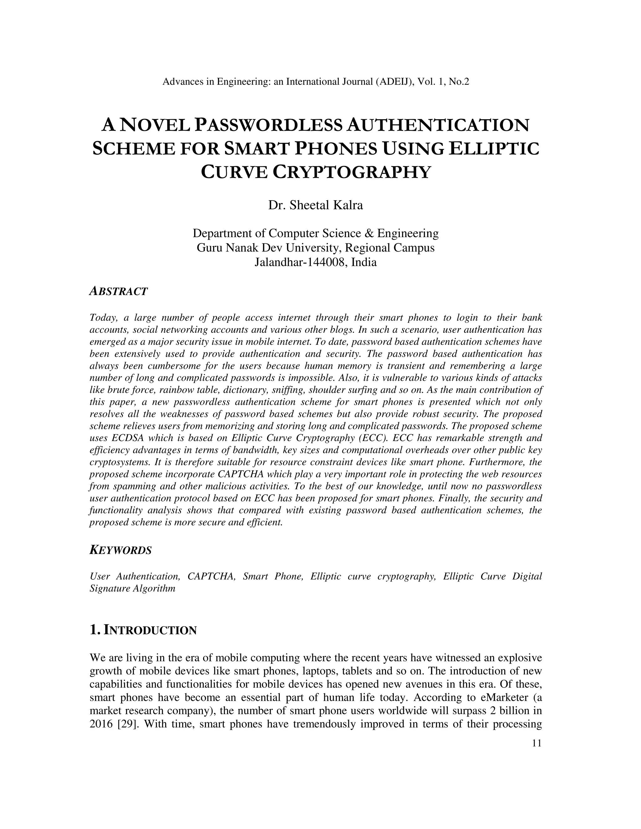 A Novel Passwordless Authentication Scheme for Smart Phones Using Elliptic Curve Cryptography | PDF