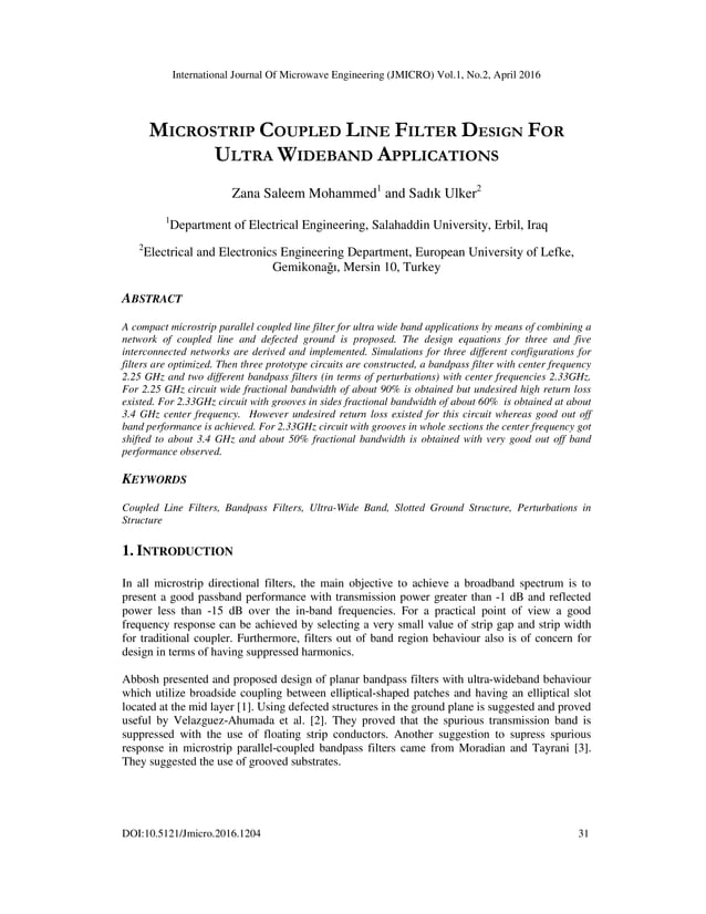 MICROSTRIP COUPLED LINE FILTER DESIGN FOR ULTRA WIDEBAND APPLICATIONS | PDF | Physics | Science