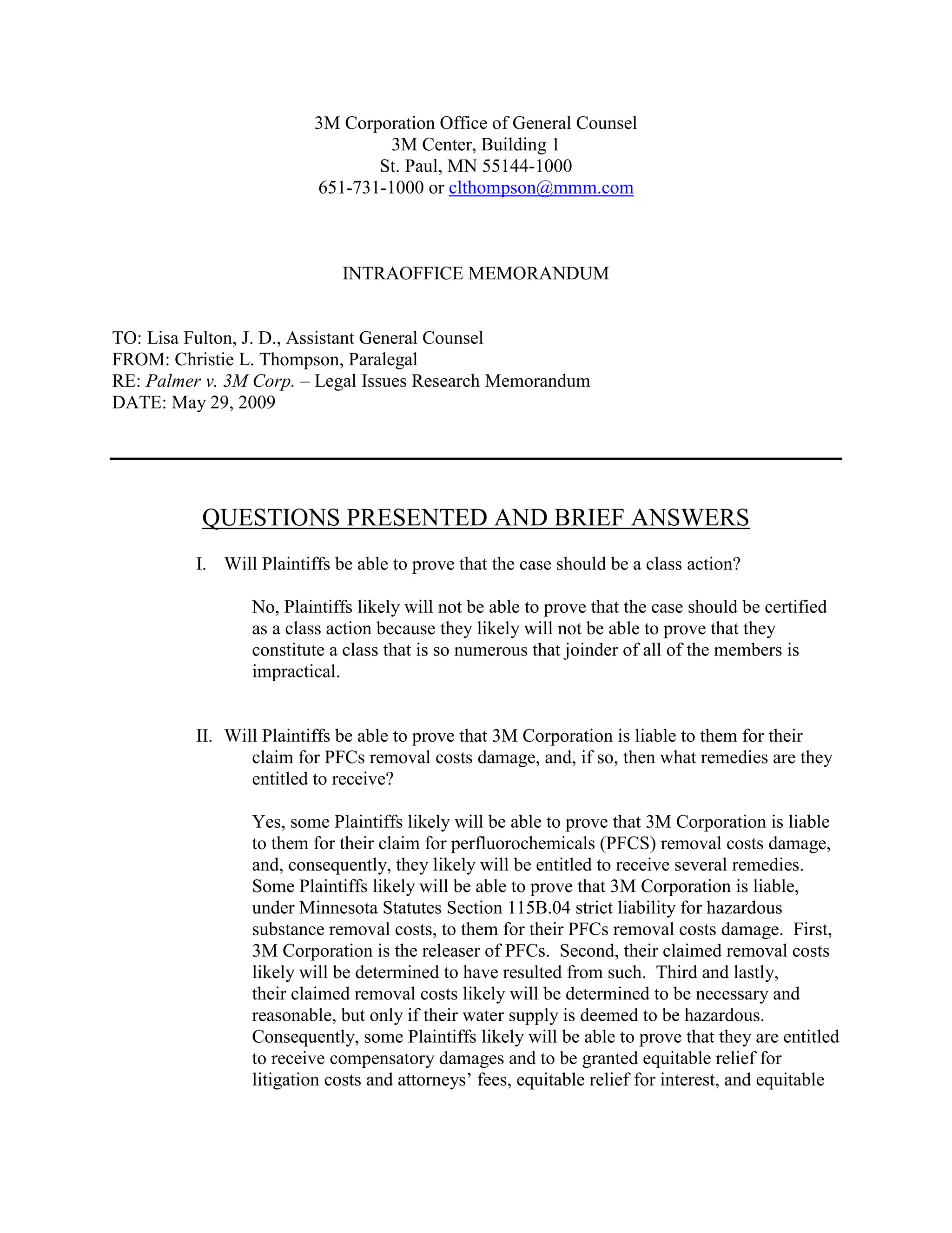 Palmer v. 3M Corp. Legal Issues Research Memo | PDF