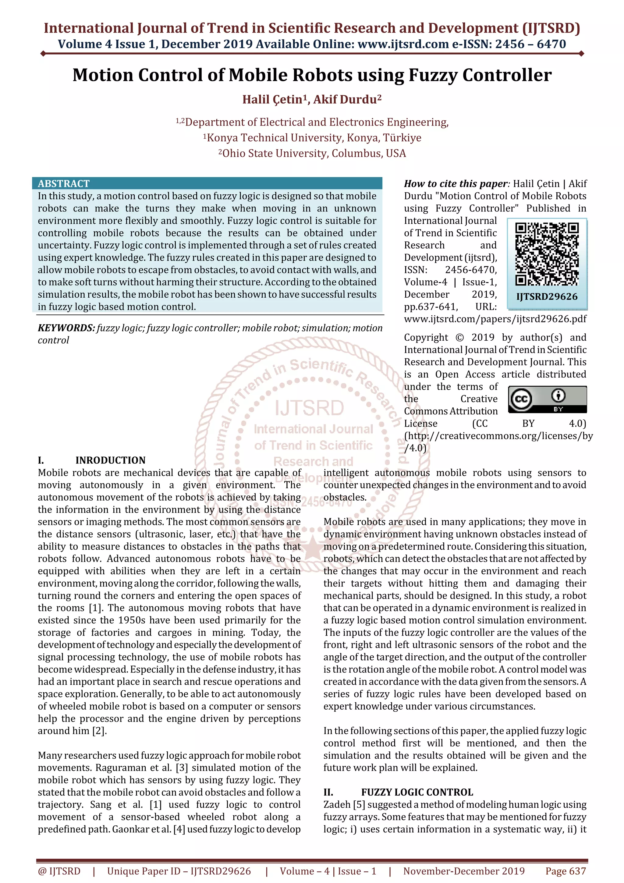 Motion Control Of Mobile Robots Using Fuzzy Controller Pdf Radio Control Hobbies And Interests