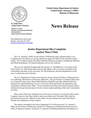 Press release: Justice Dept. files complaint against Mayo | PDF
