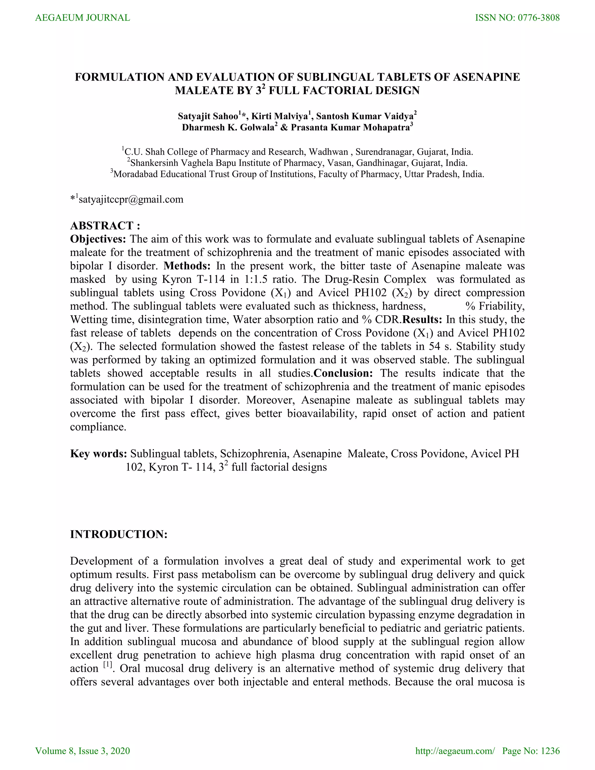 Formulation and Evaluation of Sublingual Tablets of Asenapine Maleate ...