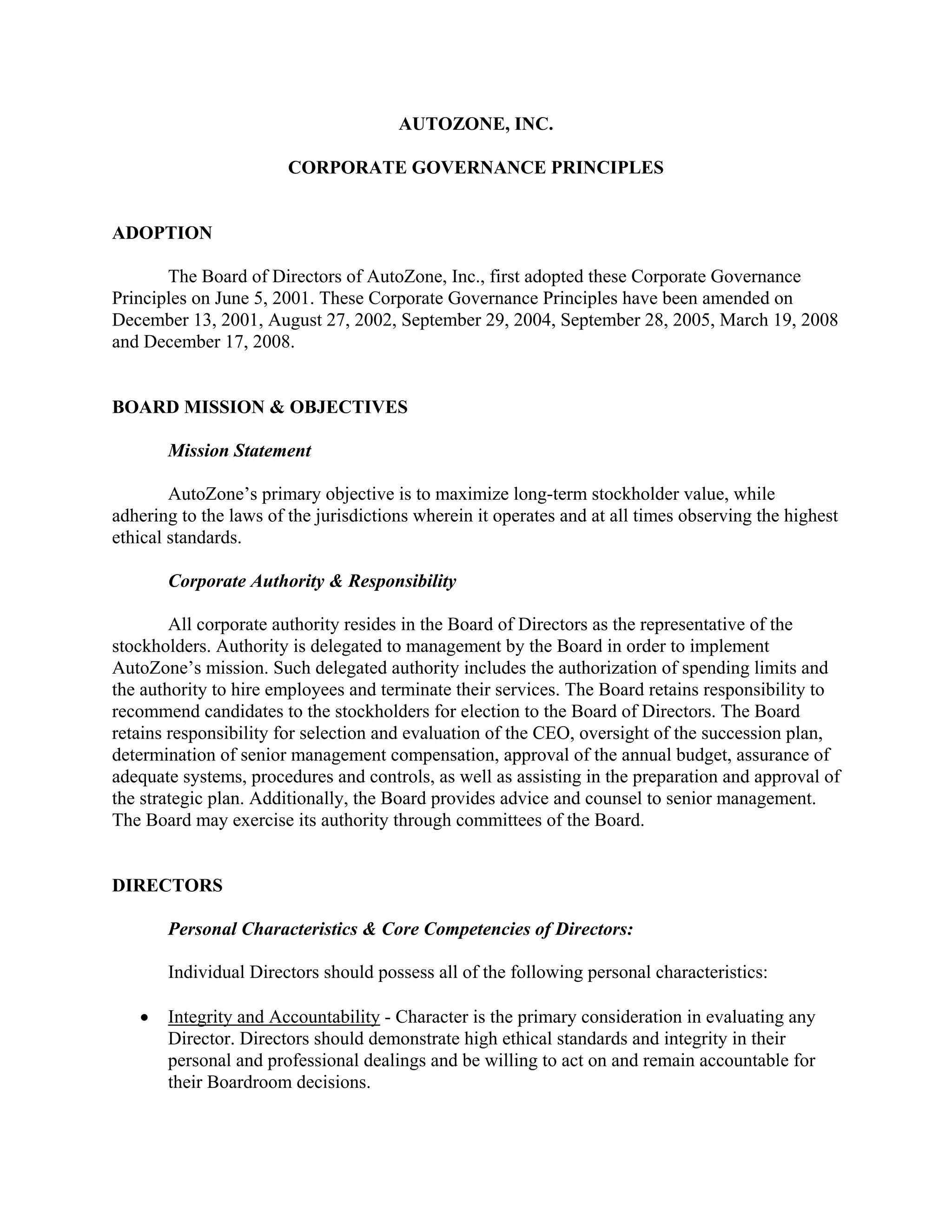autozone CorporateGovernancePrinciples1208 | PDF