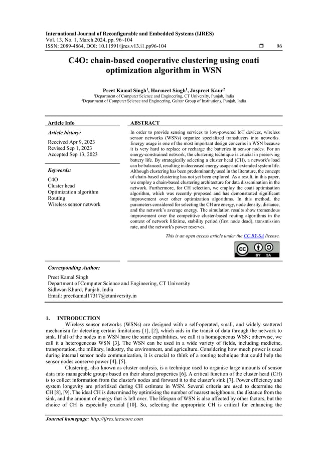 C4o Chain Based Cooperative Clustering Using Coati Optimization Algorithm In Wsn Pdf