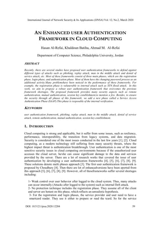 AN ENHANCED USER AUTHENTICATION FRAMEWORK IN CLOUD COMPUTING | PDF