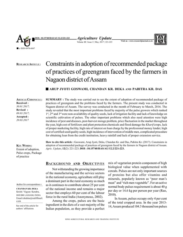 Constraints in adoption of recommended package of practices of greengram faced by the farmers in ...