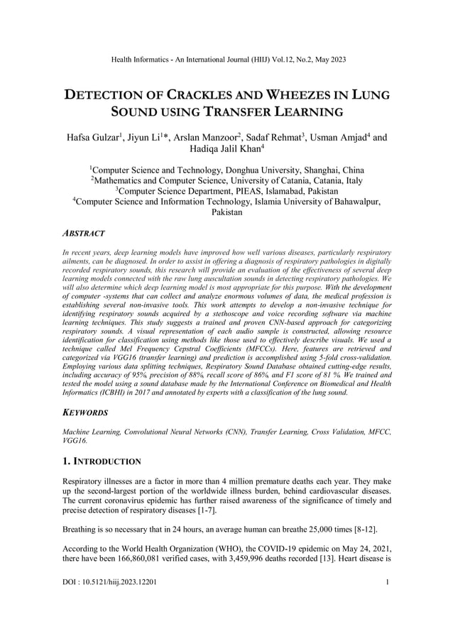 DETECTION OF CRACKLES AND WHEEZES IN LUNG SOUND USING TRANSFER LEARNING | PDF