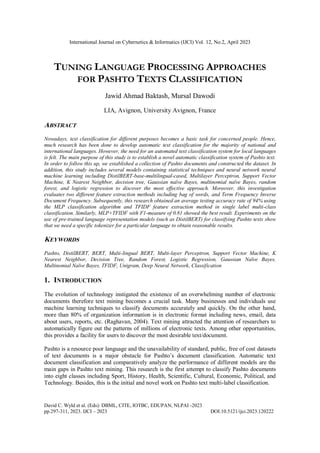 TUNING LANGUAGE PROCESSING APPROACHES FOR PASHTO TEXTS CLASSIFICATION | PDF | Technology & Computing