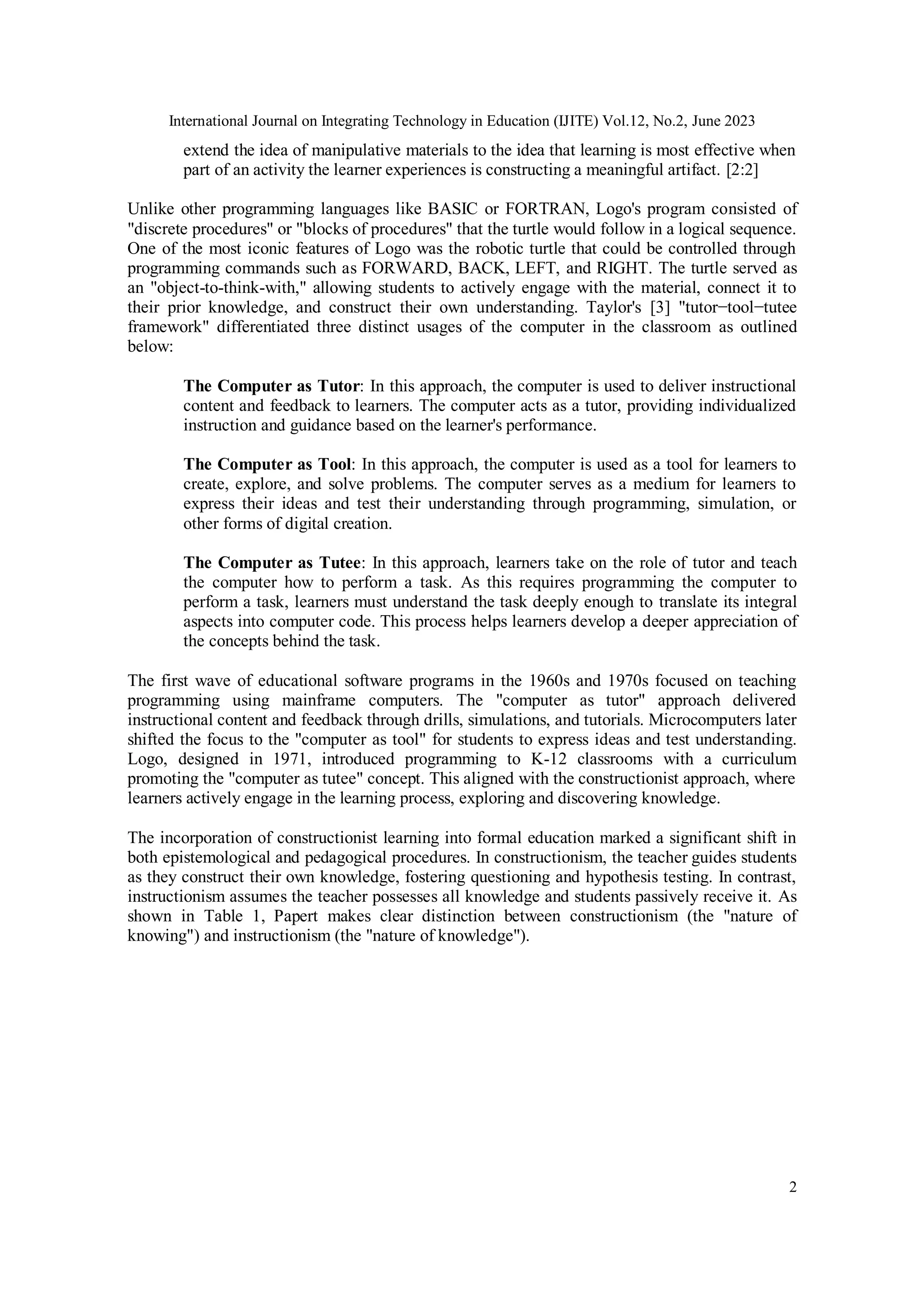 FROM LOGO PROGRAMMING TO FAB LABS: THE LEGACY OF CONSTRUCTIONIST LEARNING IN K−12 EDUCATION ...