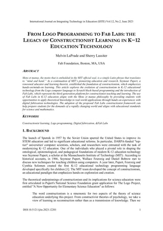 FROM LOGO PROGRAMMING TO FAB LABS: THE LEGACY OF CONSTRUCTIONIST LEARNING IN K−12 EDUCATION ...