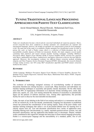 TUNING TRADITIONAL LANGUAGE PROCESSING APPROACHES FOR PASHTO TEXT CLASSIFICATION | PDF