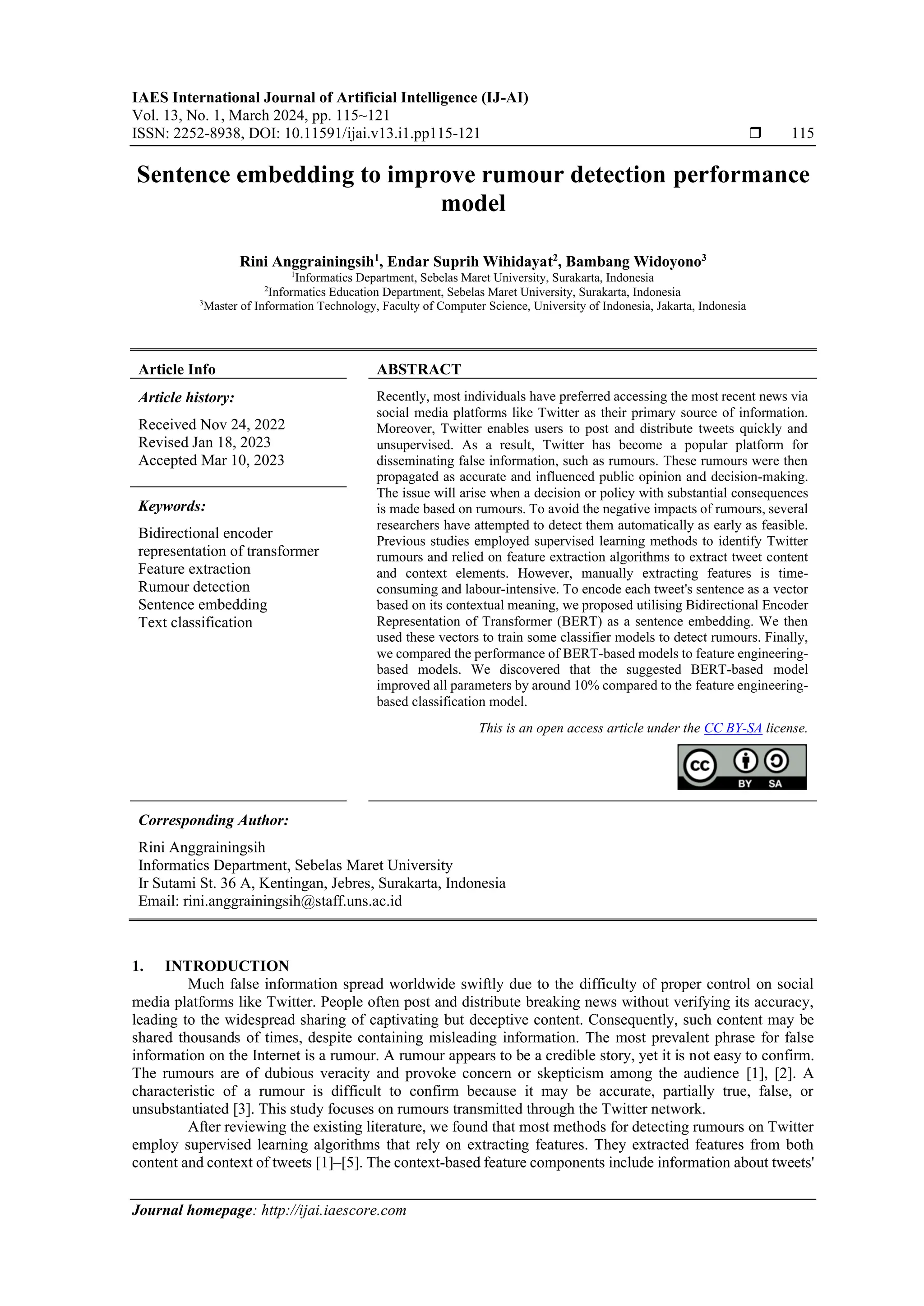 Sentence Embedding To Improve Rumour Detection Performance Model Pdf