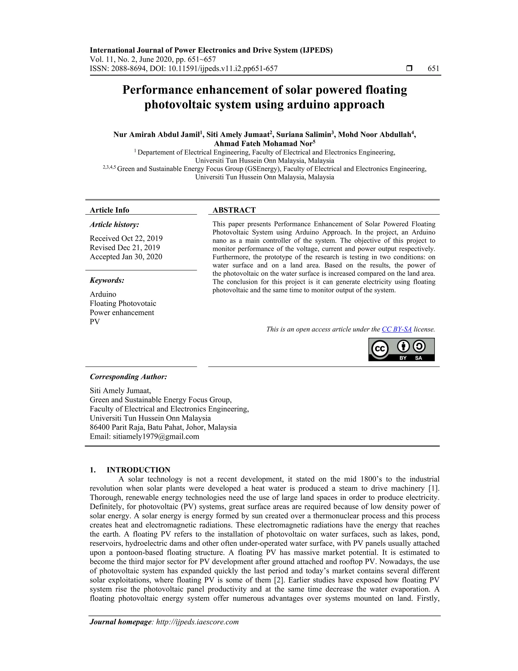 Performance Enhancement Of Solar Powered Floating Photovoltaic System