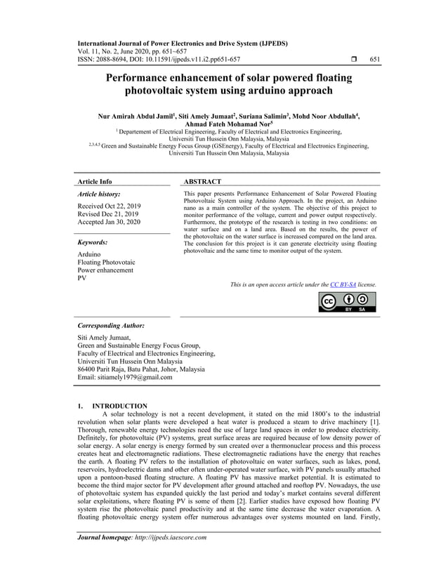Performance Enhancement Of Solar Powered Floating Photovoltaic System Using Arduino Approach Pdf