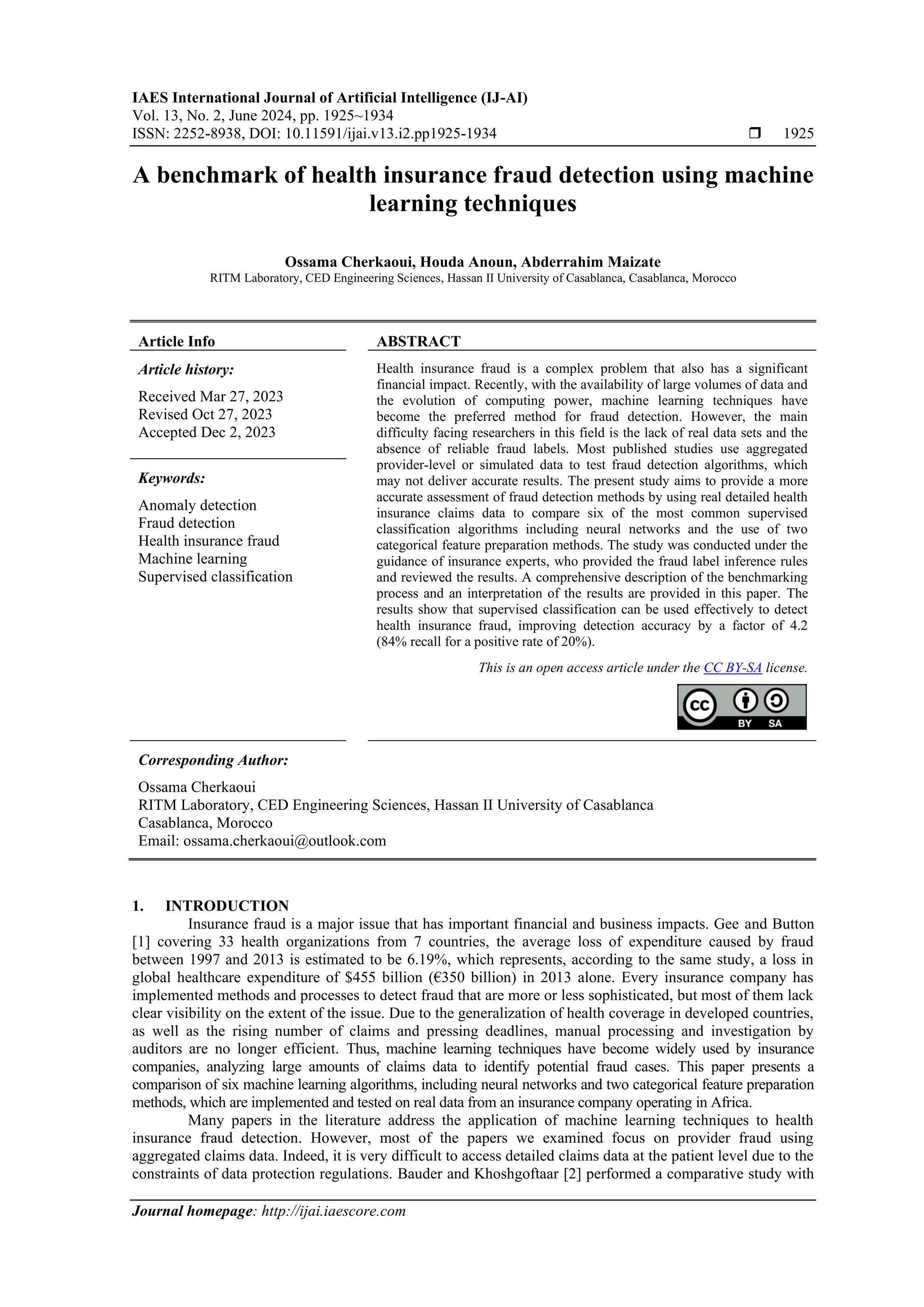 A benchmark of health insurance fraud detection using machine learning ...