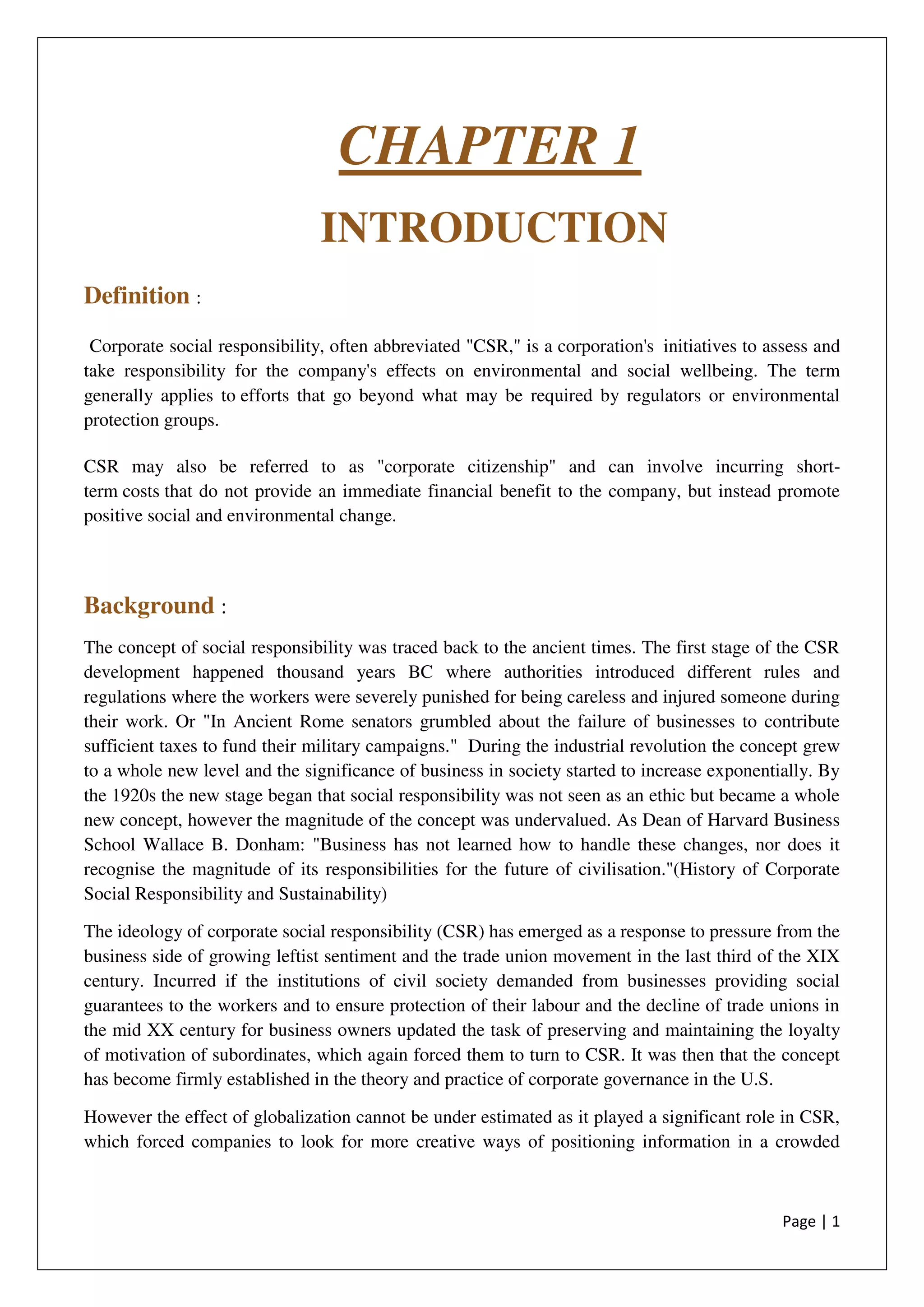 Project on corporate social responsibility | PDF