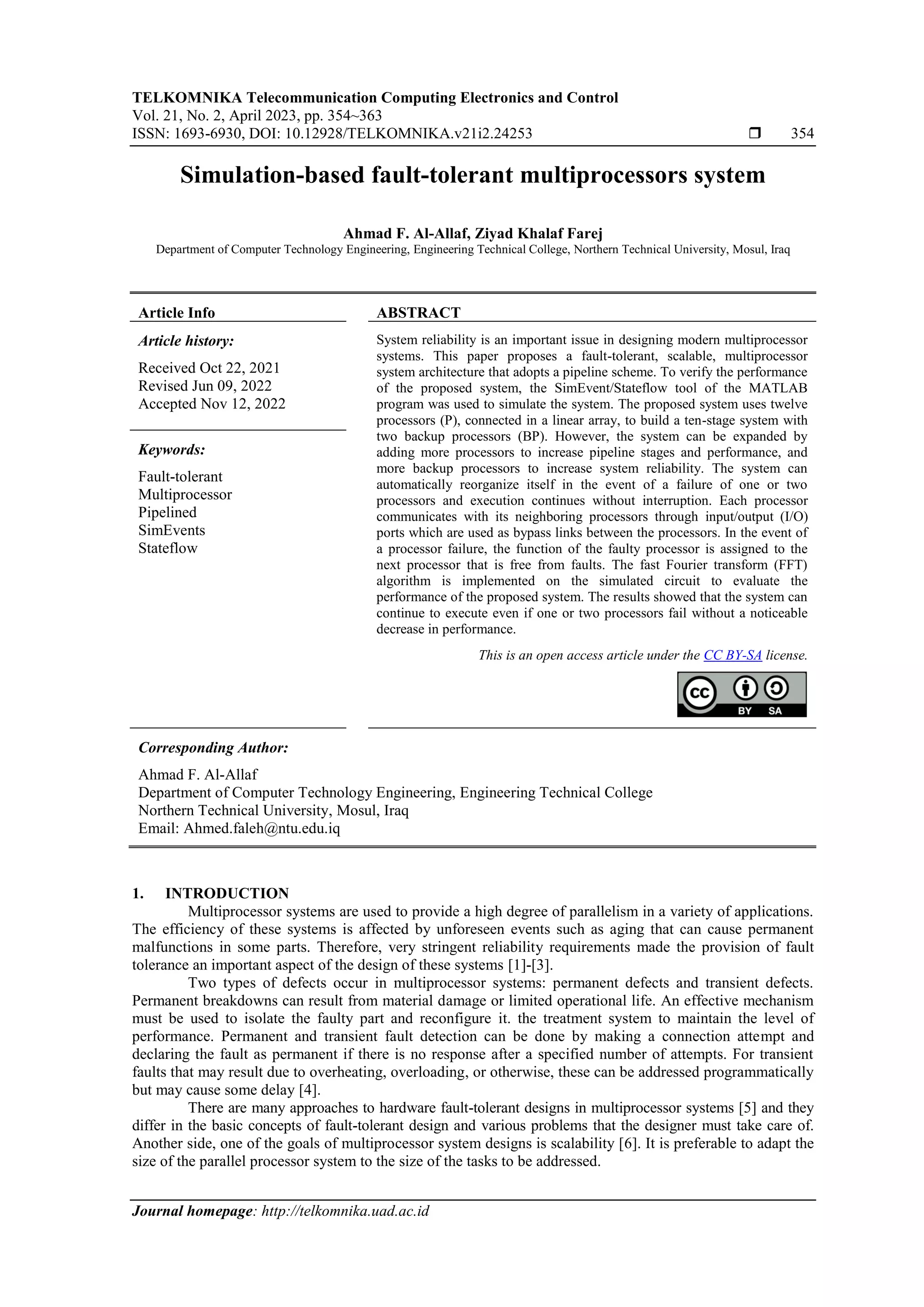 Simulation-based fault-tolerant multiprocessors system | PDF