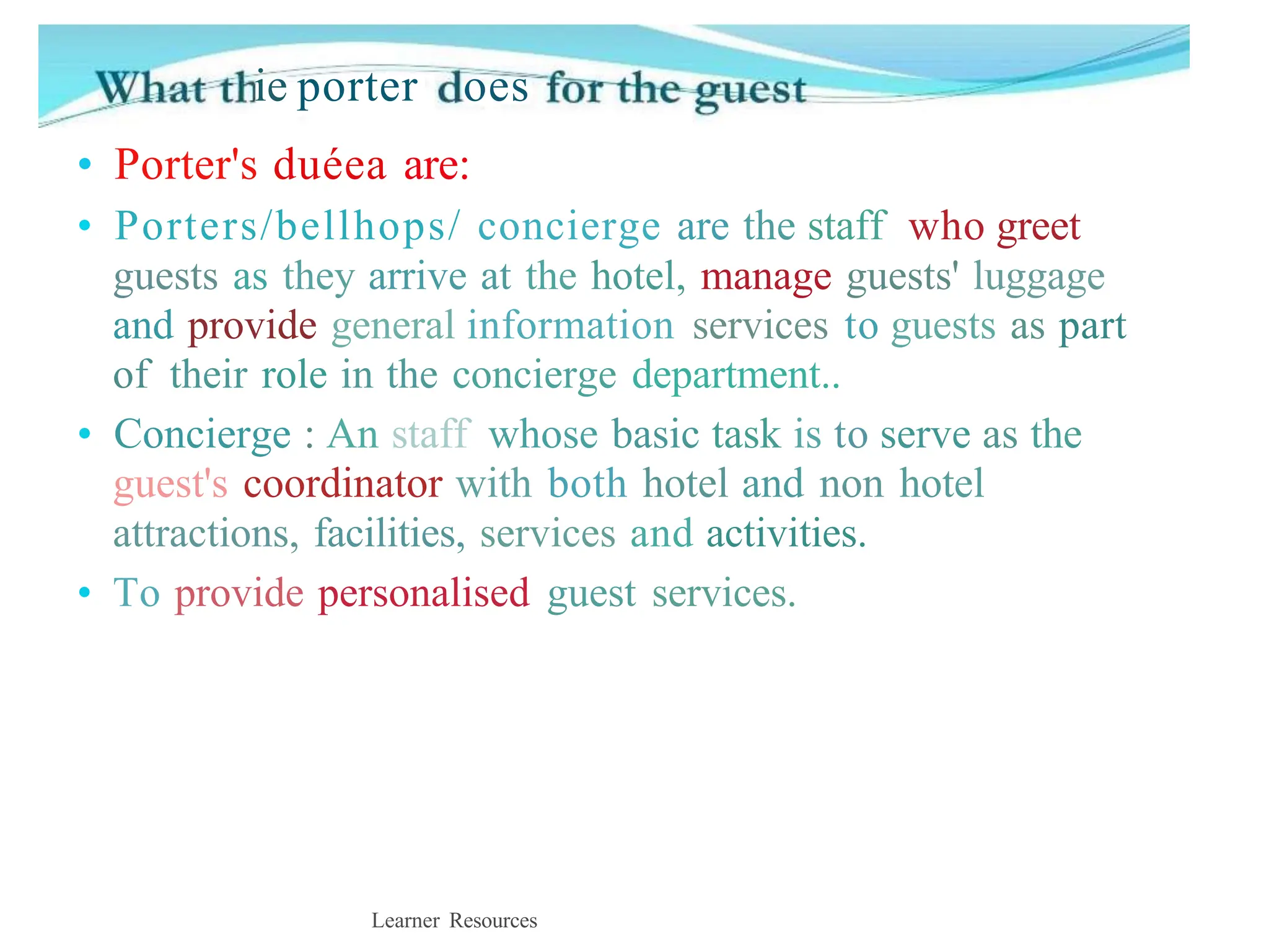 Porter escorting guest to the room and explain | PPTX