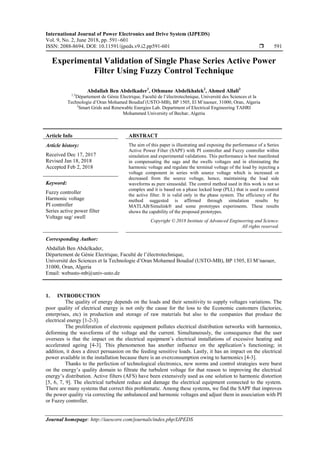 Experimental Validation of Single Phase Series Active Power Filter Using Fuzzy Control Technique ...
