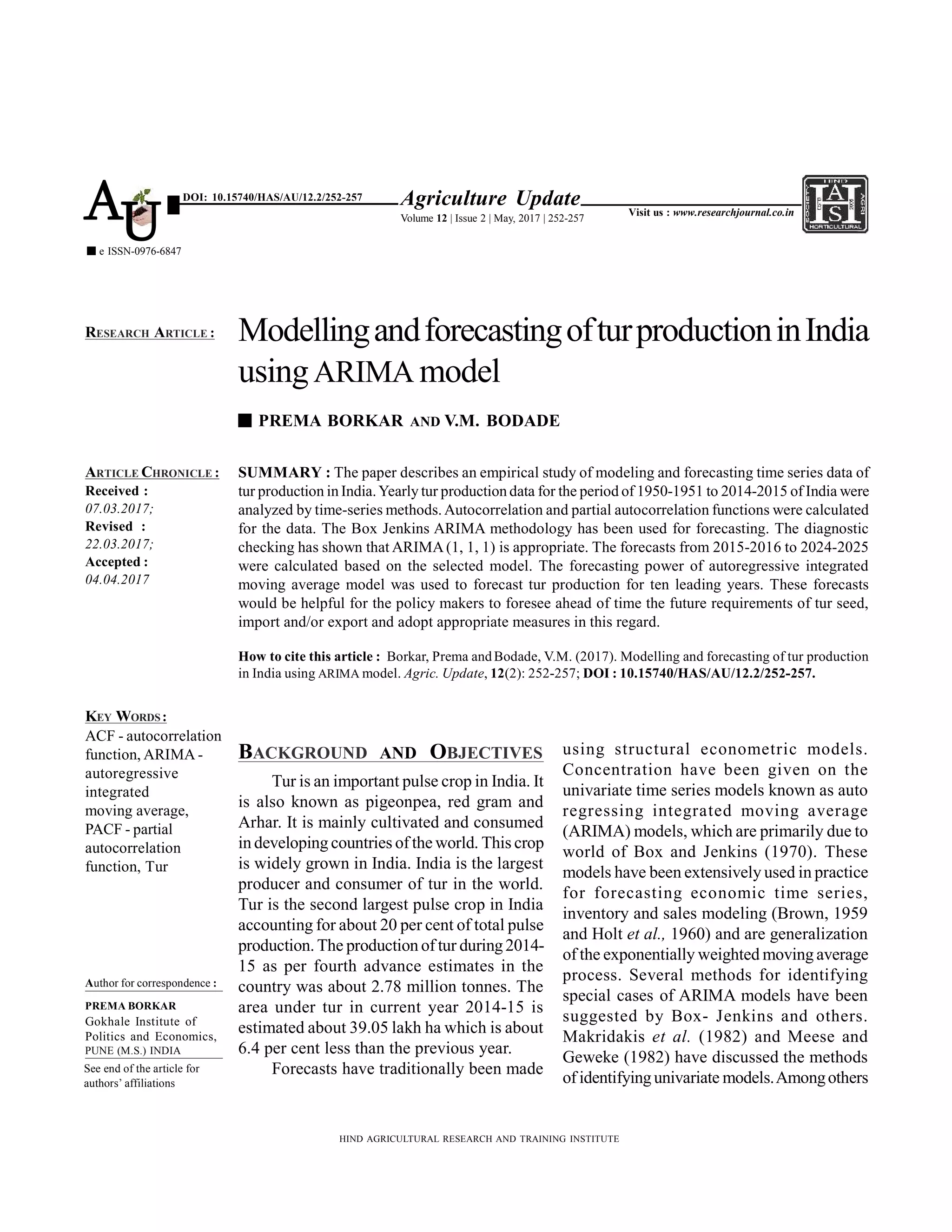Modelling and forecasting of tur production in India usingARIMA model | PDF