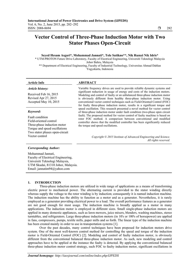 Vector Control of Three-Phase Induction Motor with Two Stator Phases ...