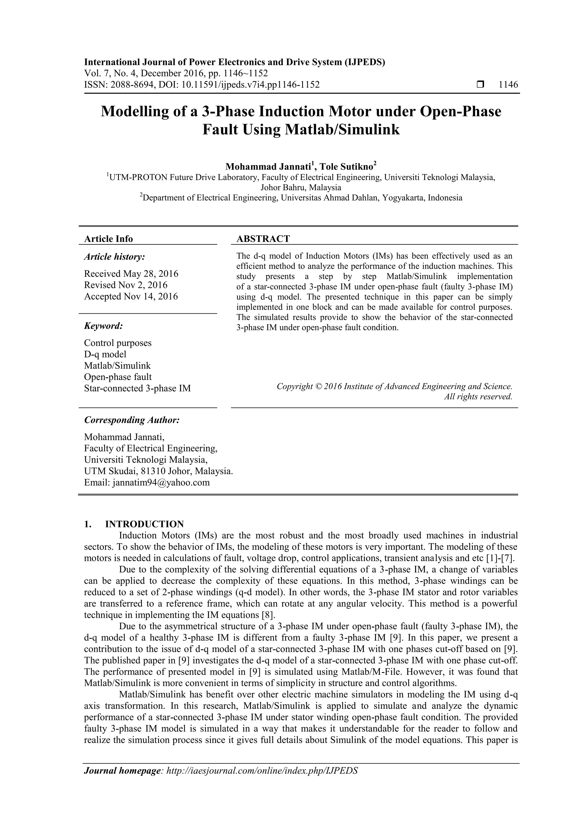 Modelling Of A 3 Phase Induction Motor Under Open Phase Fault Using Matlab Simulink Pdf