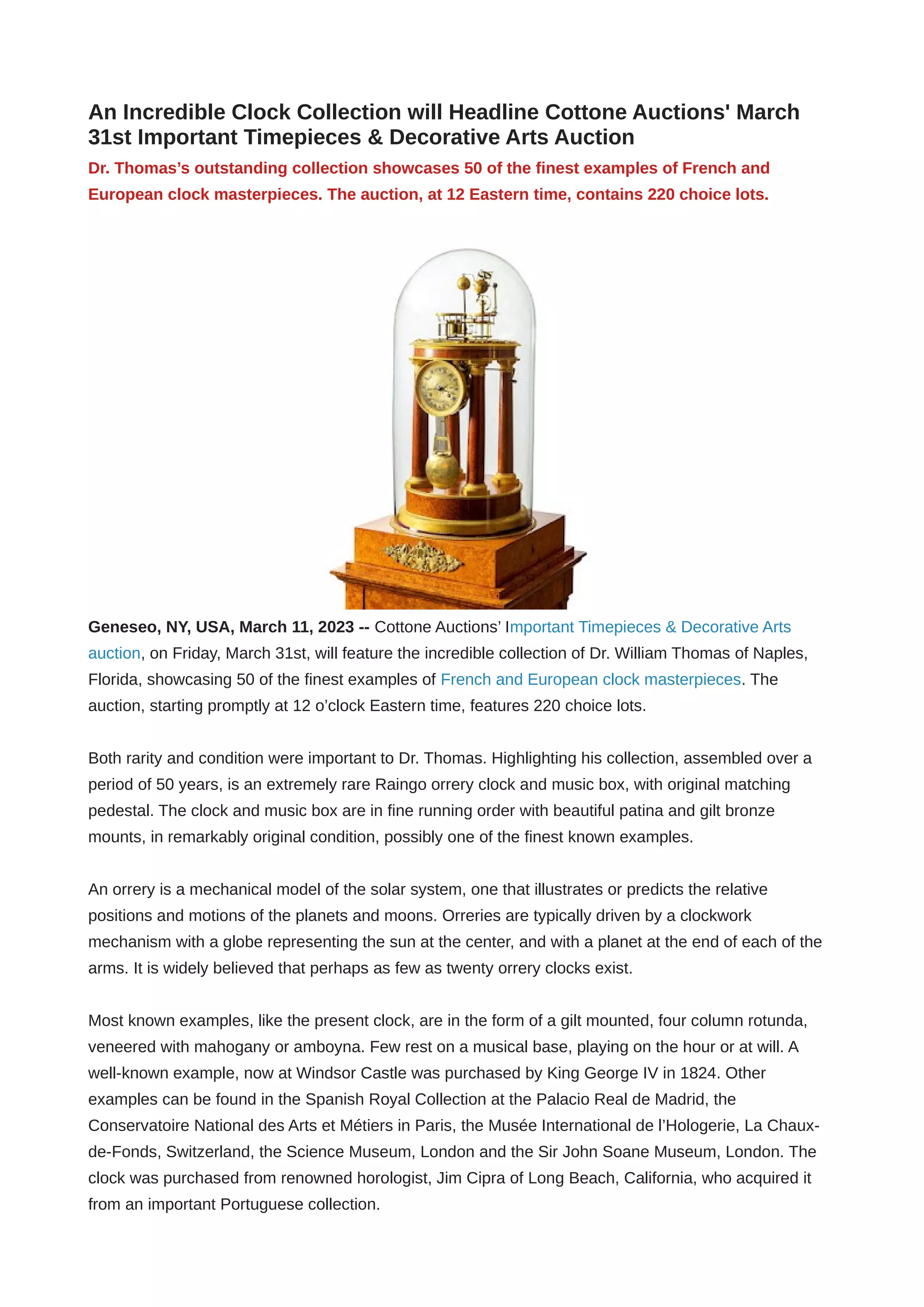 The Incredible Rare Clock Collection of Dr. William Thomas will ...