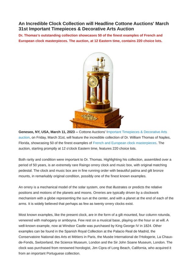 The Incredible Rare Clock Collection of Dr. William Thomas will ...