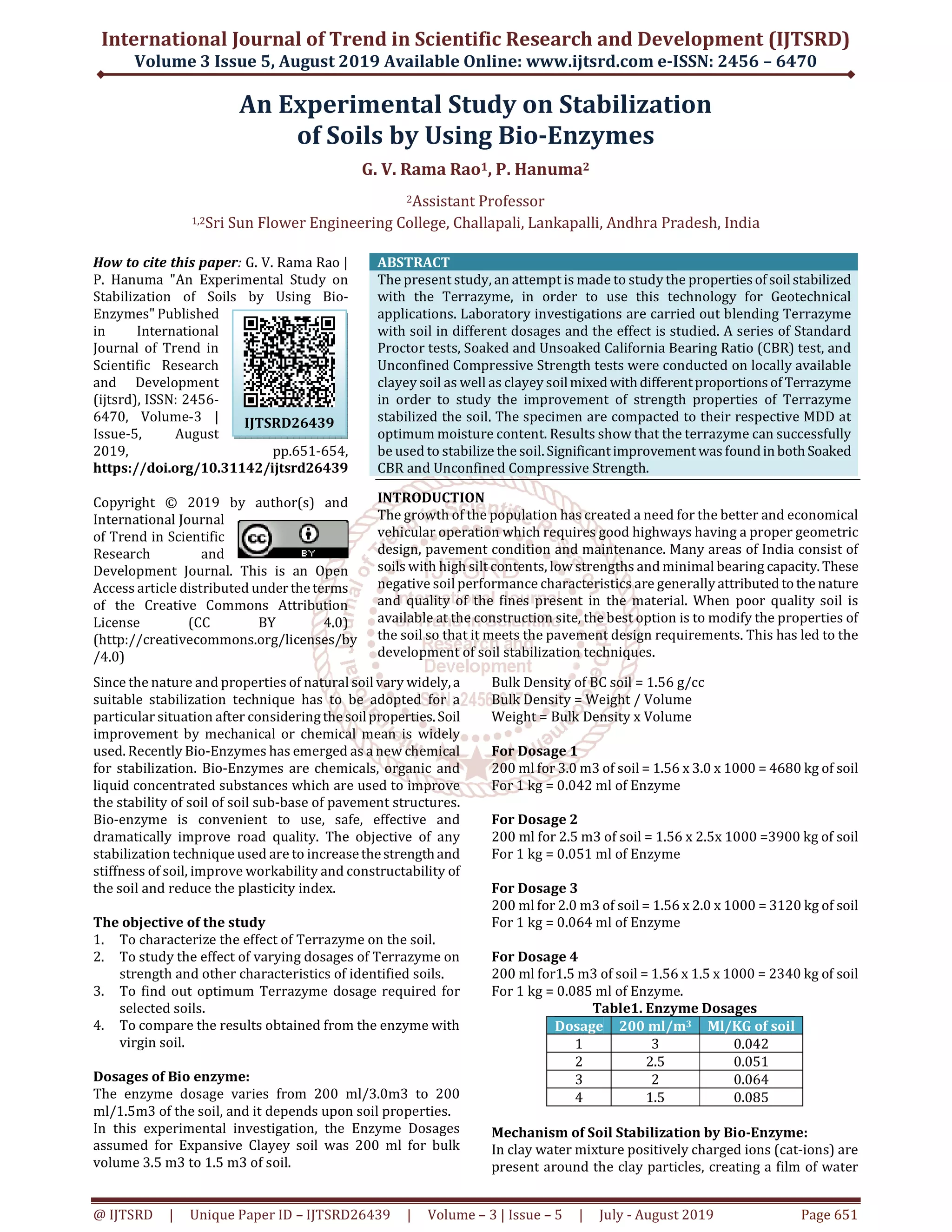 An Experimental Study on Stabilization of Soils by Using Bio Enzymes | PDF