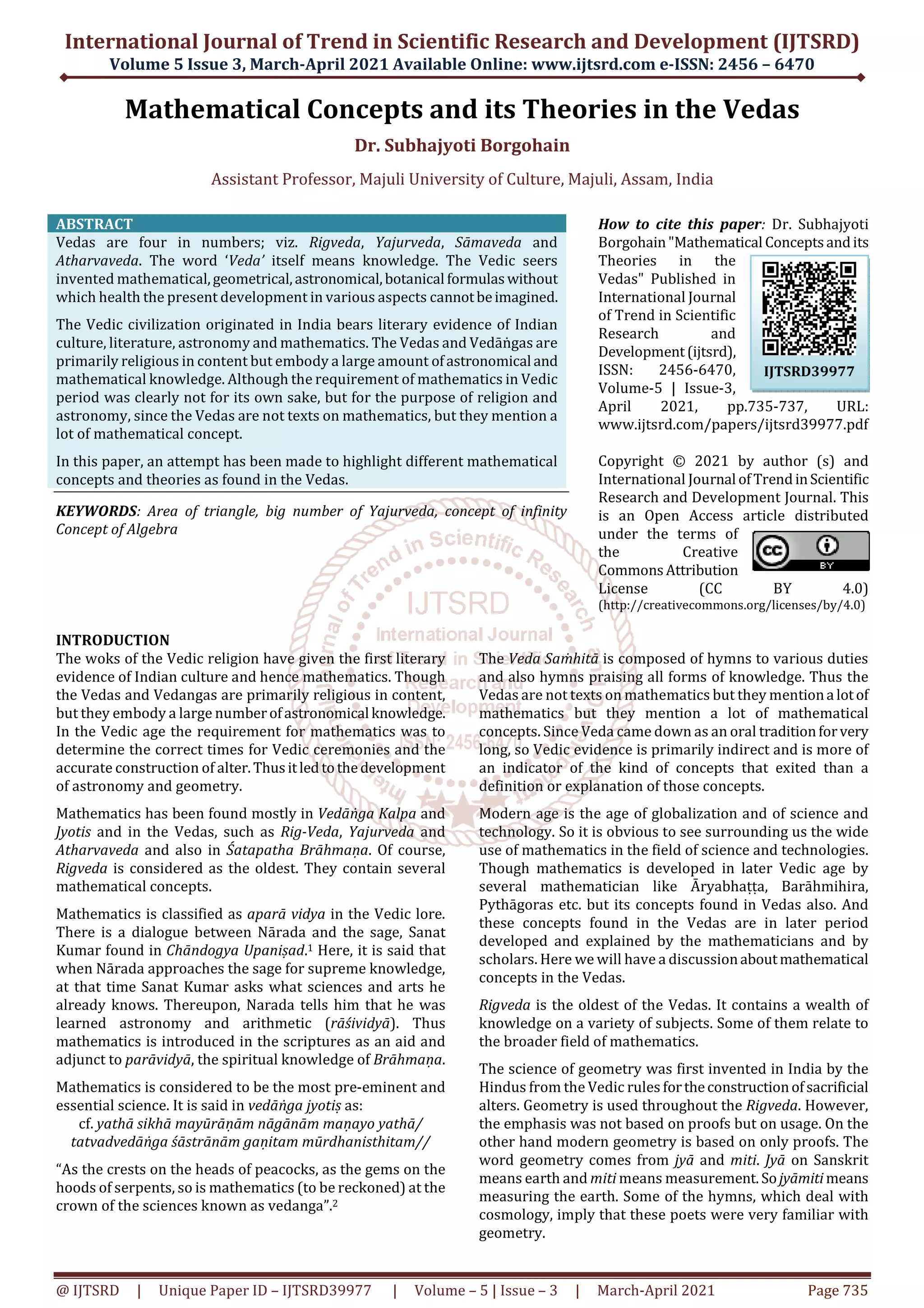 Mathematical Concepts and its Theories in the Vedas | PDF