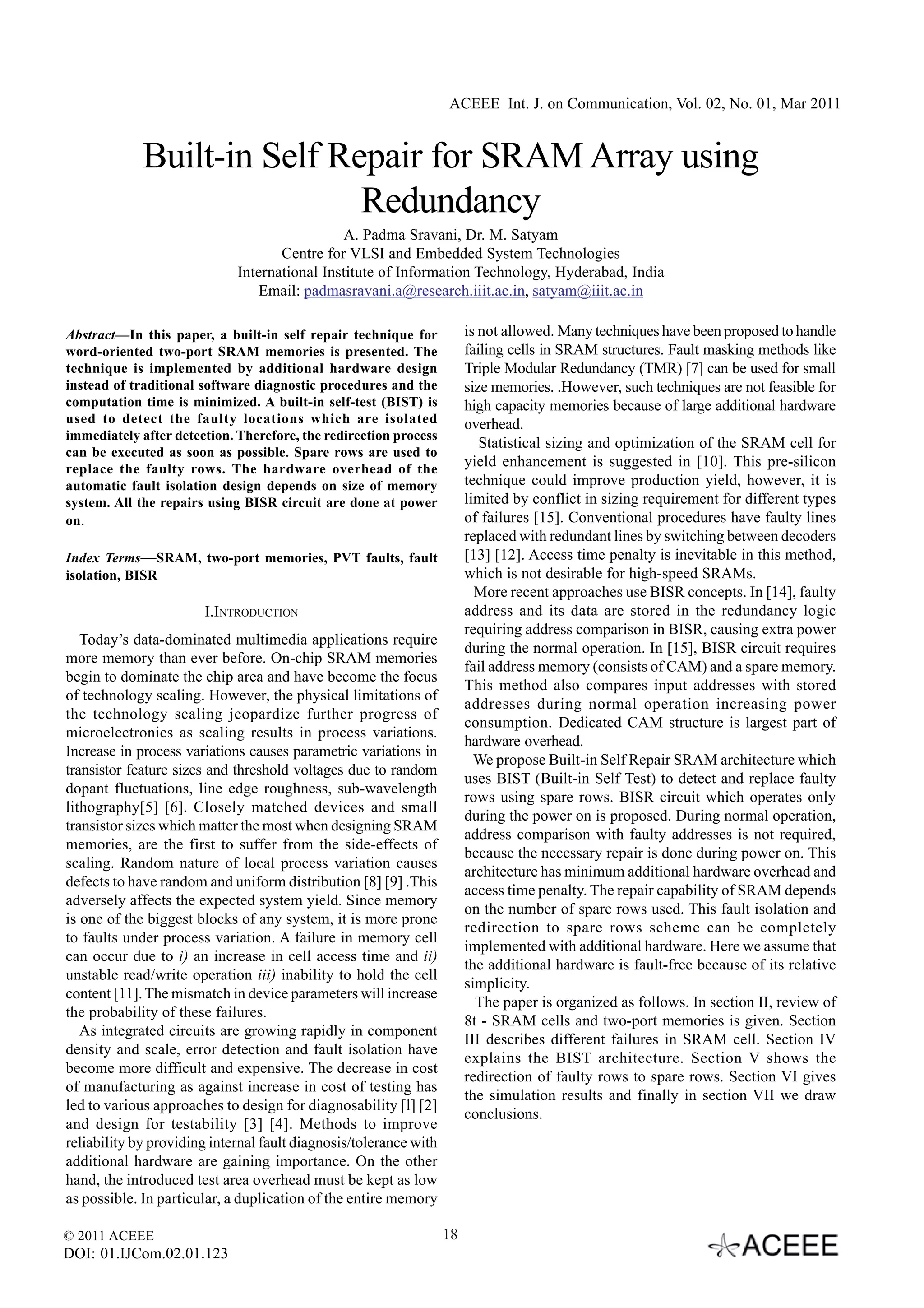 Built-in Self Repair for SRAM Array using Redundancy | PDF
