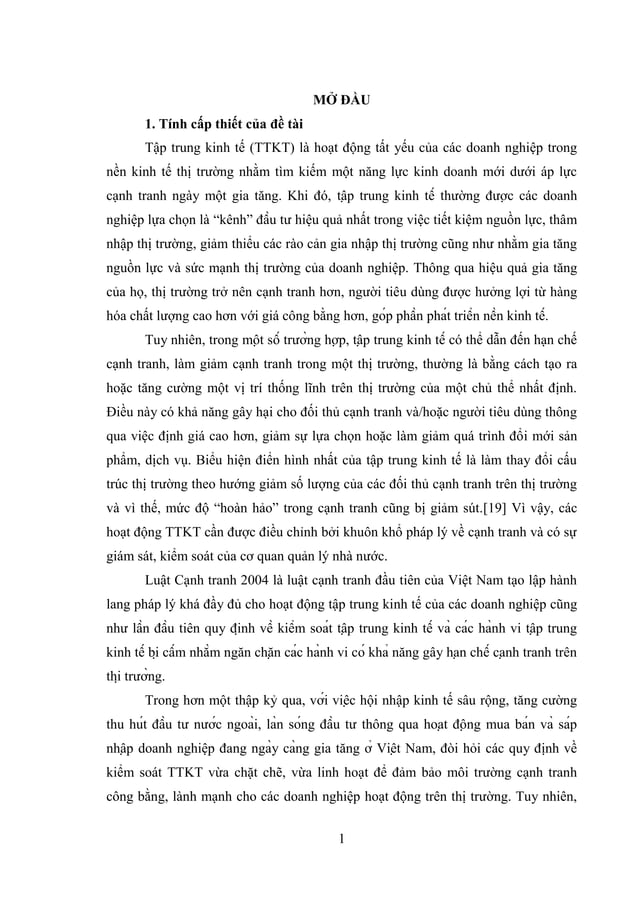 ĐỀ TÀI : KIỂM SOÁT TẬP TRUNG KINH TẾ THEO PHÁP LUẬT CẠNH TRANH Ở VIỆT NAM HIỆN NA | PDF