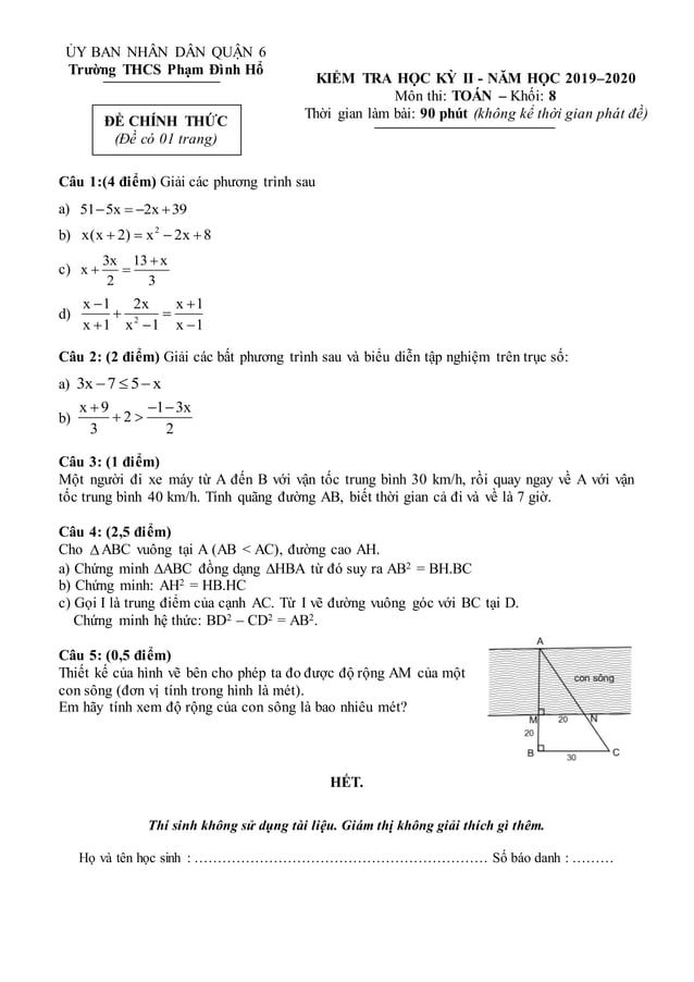 Đề Thi HK2 Toán 8 - THCS Phạm Đình Hổ | DOCX