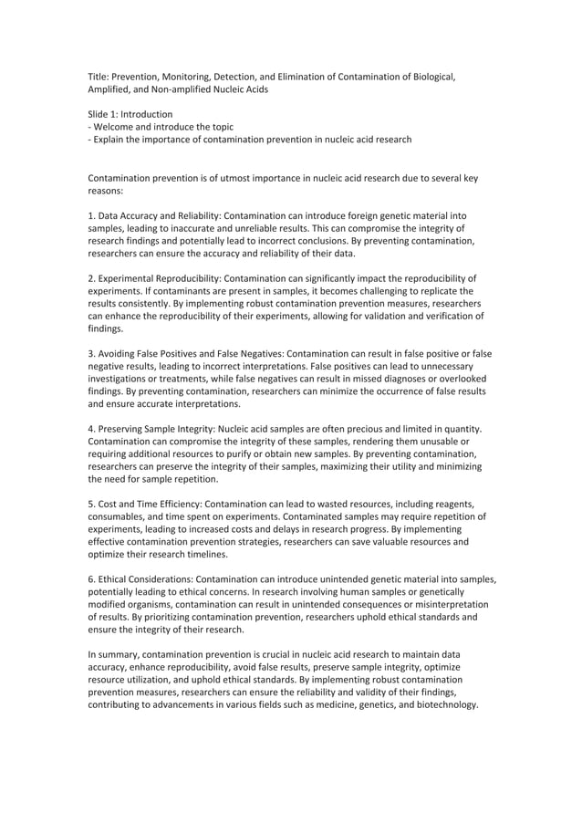 Prevention, Monitoring, Detection, and Elimination of Contamination of ...