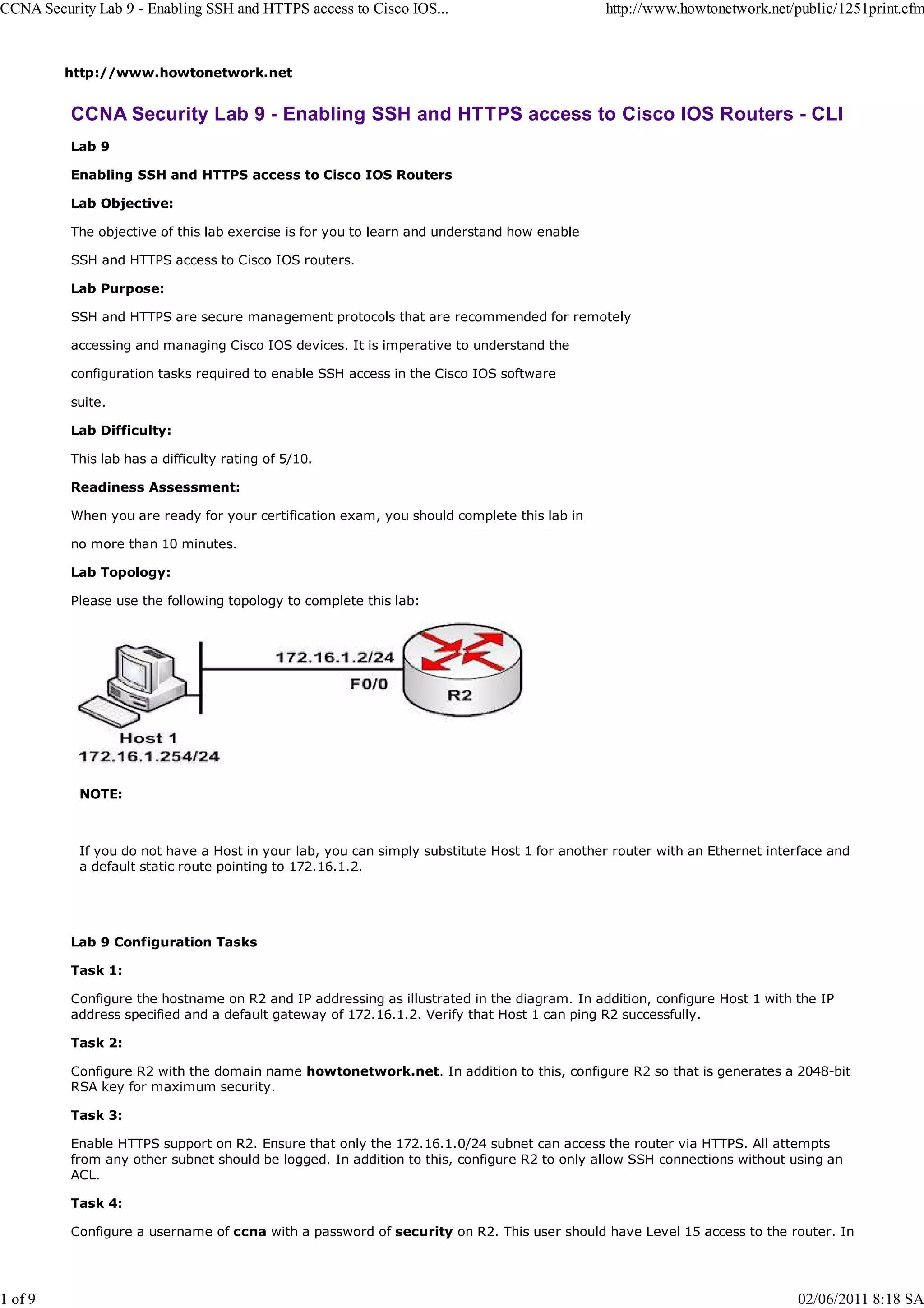 Ccna Security Lab 9 Enabling Ssh And Access To Cisco Ios