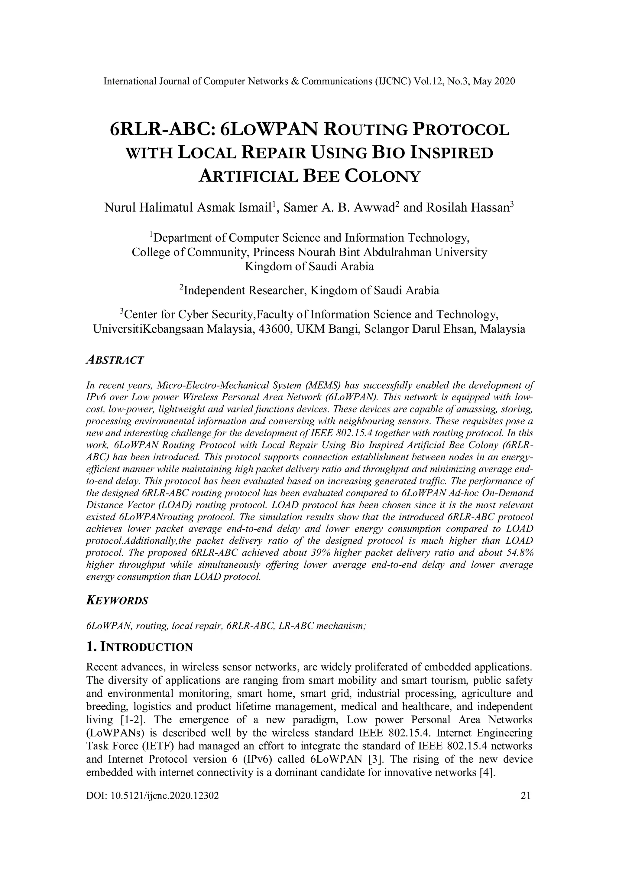6RLR-ABC: 6LOWPAN ROUTING PROTOCOL WITH LOCAL REPAIR USING BIO INSPIRED ARTIFICIAL BEE COLONY | PDF