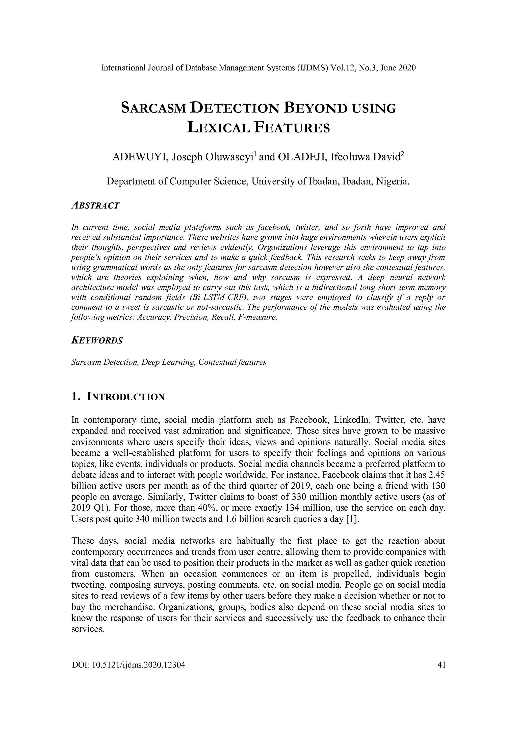 Sarcasm Detection Beyond using Lexical Features | PDF