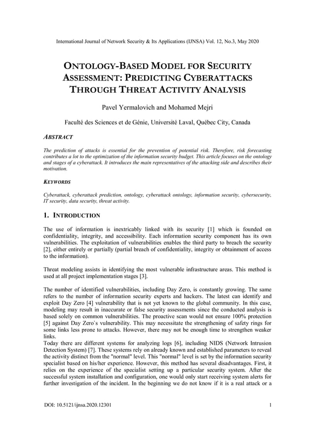 ONTOLOGY-BASED MODEL FOR SECURITY ASSESSMENT: PREDICTING CYBERATTACKS THROUGH THREAT ACTIVITY ...